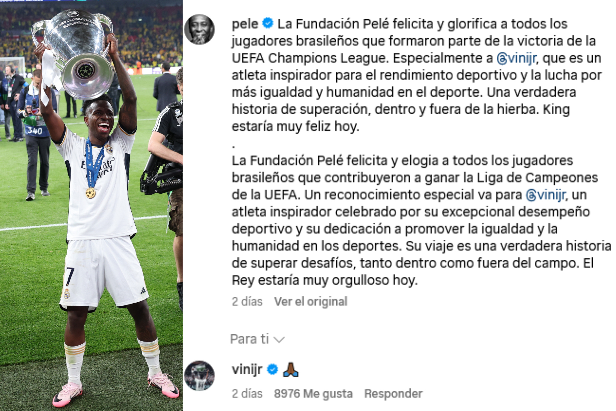 La 'Fundación Pelé' se rinde a Vinicius: "O Rei' estaría muy orgulloso"