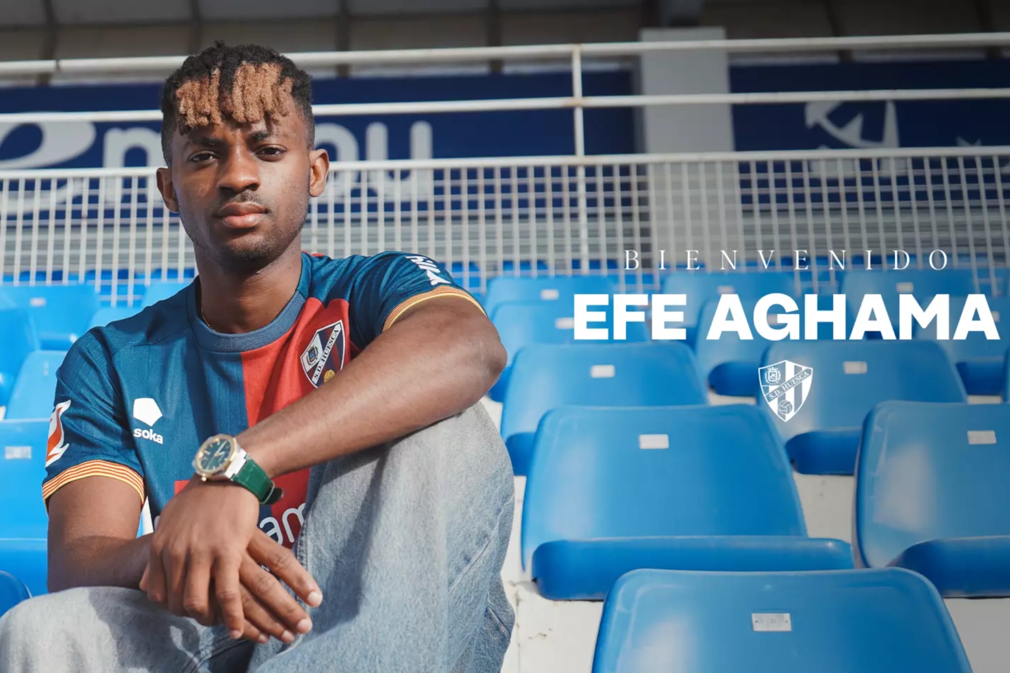 El Huesca hace oficial su primer fichaje, Efe Aghama, y Pulido sigue con su futuro en el aire