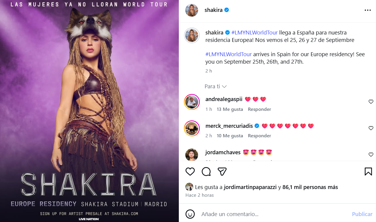 Shakira confirma conciertos en Madrid en 2026 con tres fechas en septiembre